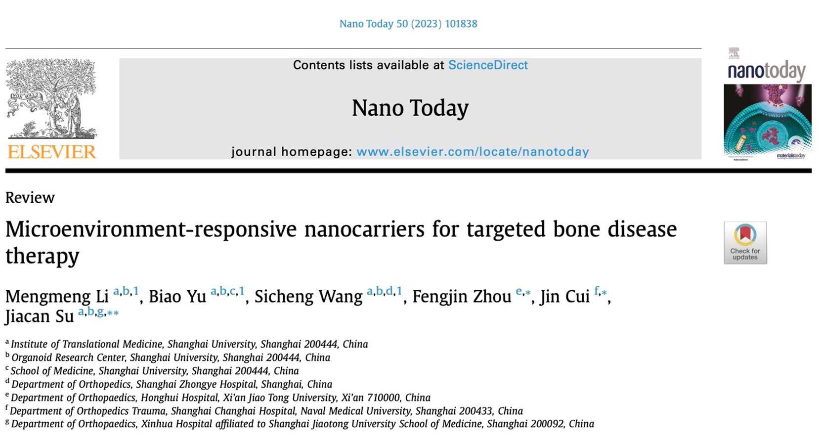 我院苏佳灿教授团队在顶级材料期刊《Nano Today》上发表了关于微环境响应型纳米载体用于靶向治疗骨疾病的最新成果-上海大学转化医学研究院